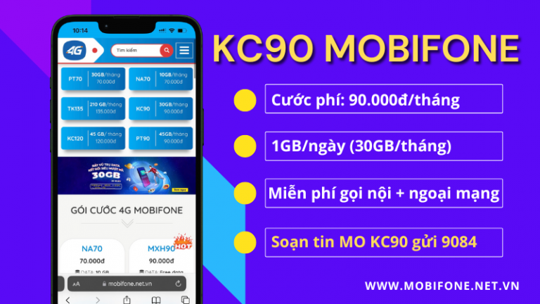 Đăng ký gói KC90 Mobifone 90K có 1GB/ngày, Free gọi nội/ngoại mạng